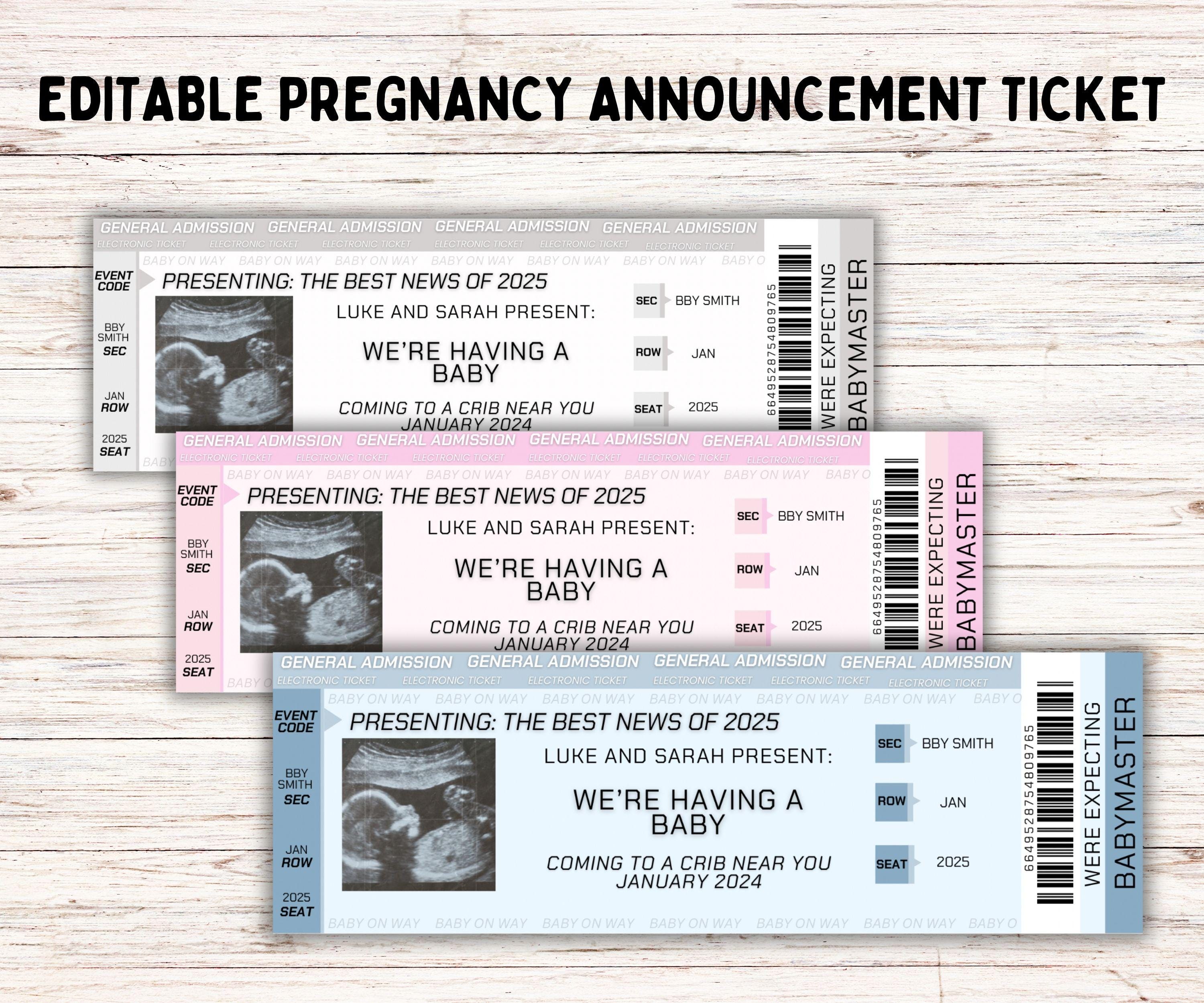 Editable Pregnancy Announcement Ticket, Custom Baby Reveal (digital ...