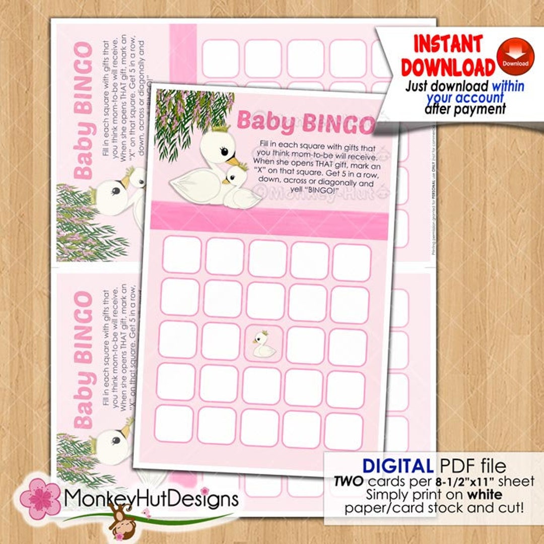 Pink Baby Shower Bingo Game Printable Games Swan Princess - Etsy