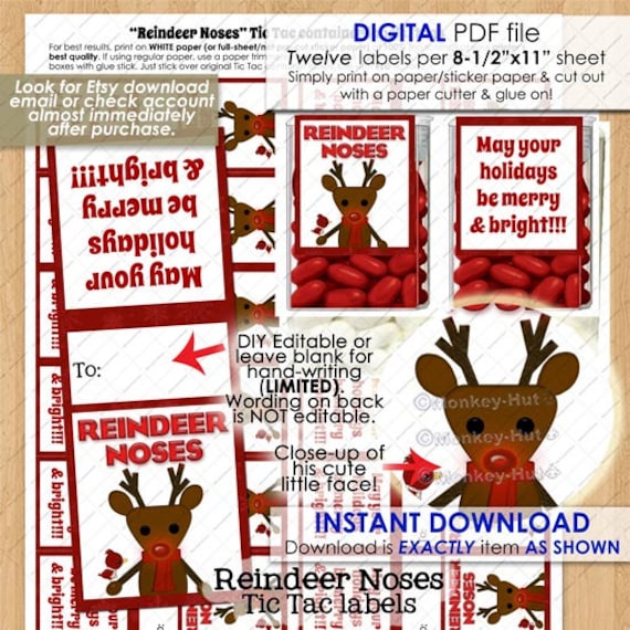 Christmas Rudolph the Red Nose Reindeer Noses Tic Tac Labels | Etsy