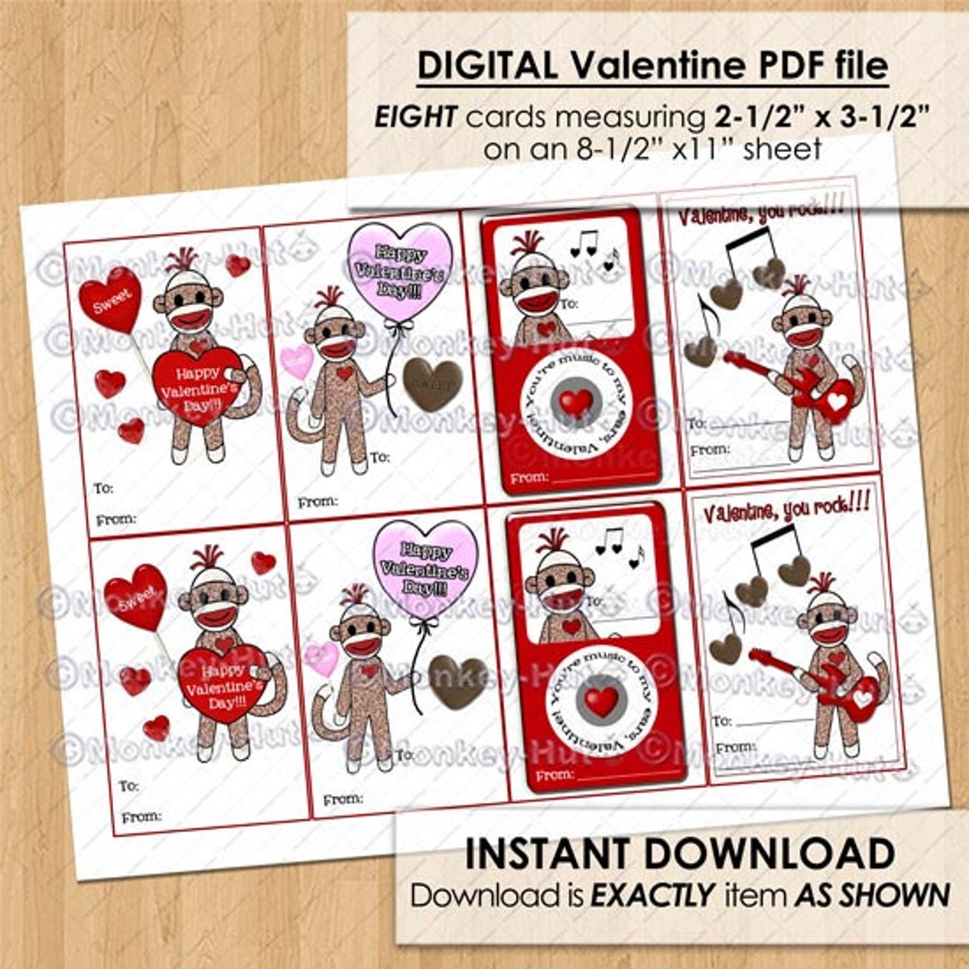 Sock Monkeys Printable Valentines / Eight Mini Cards / 2.5 X 3.5 in PDF ...