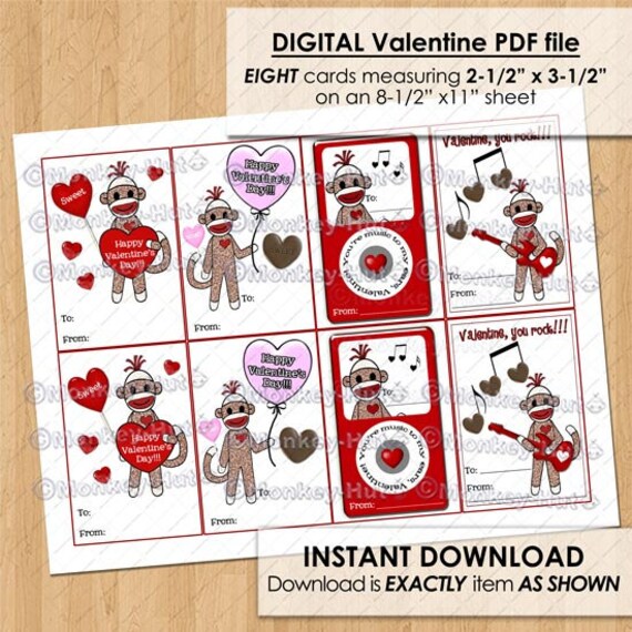 Sock Monkeys Printable Valentines / Eight Mini Cards / 2.5 X - Etsy