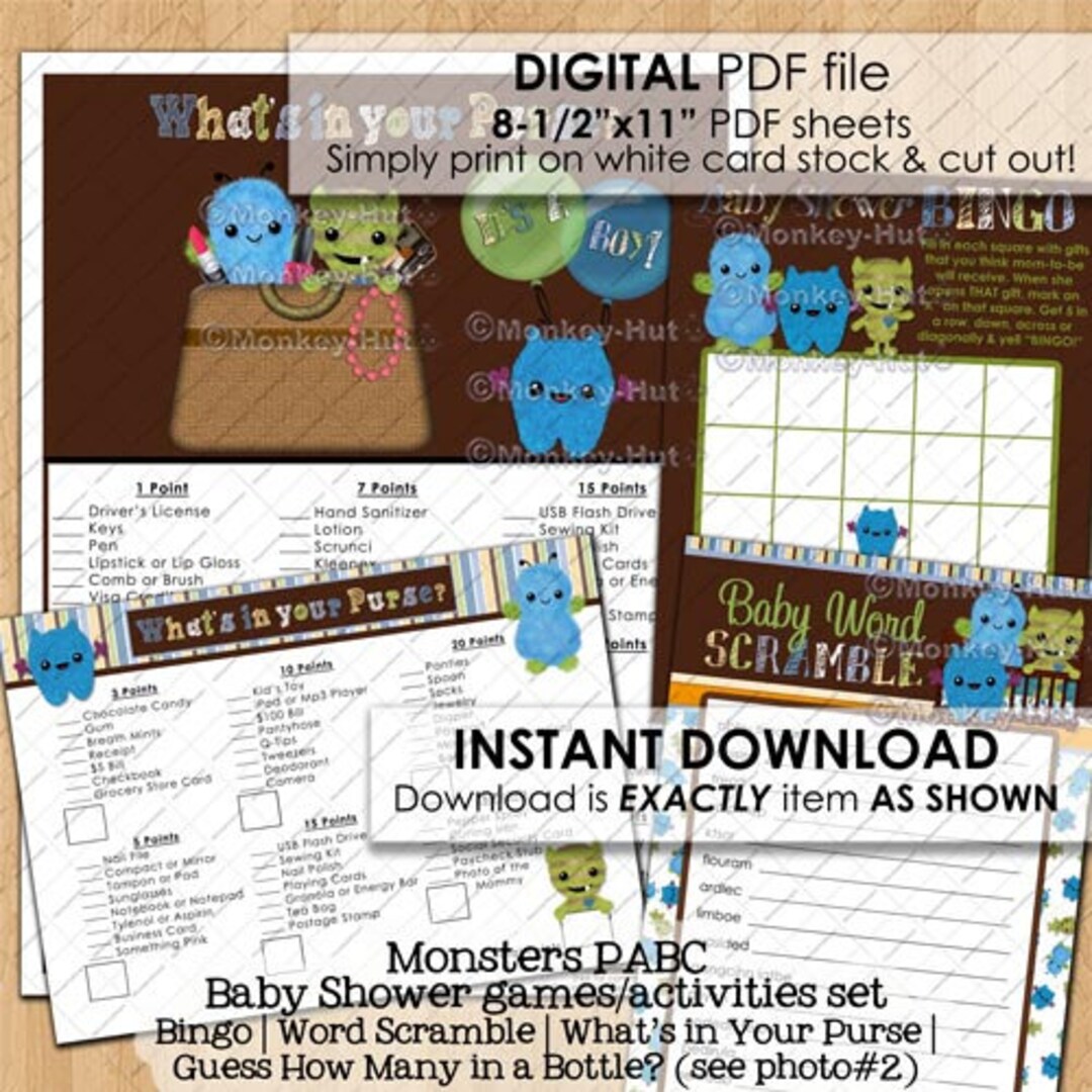 Peek-a-boo Monsters Baby Shower Games / Bingo, Word Scramble, What's in ...