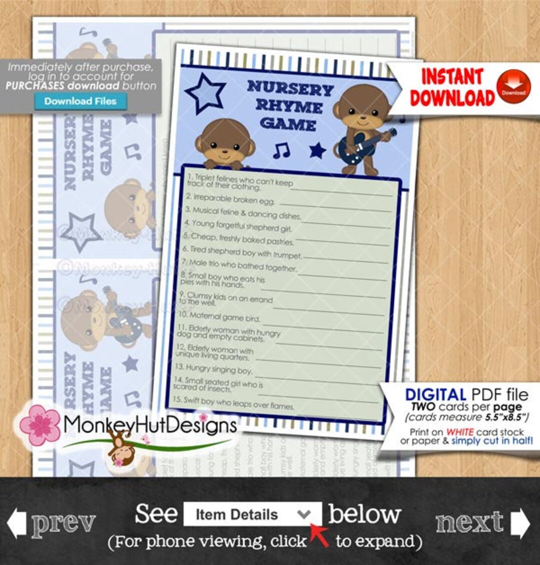 Baby Shower Games Nursery Rhyme Rhymes Monkey Rockstar Monkeys - Etsy