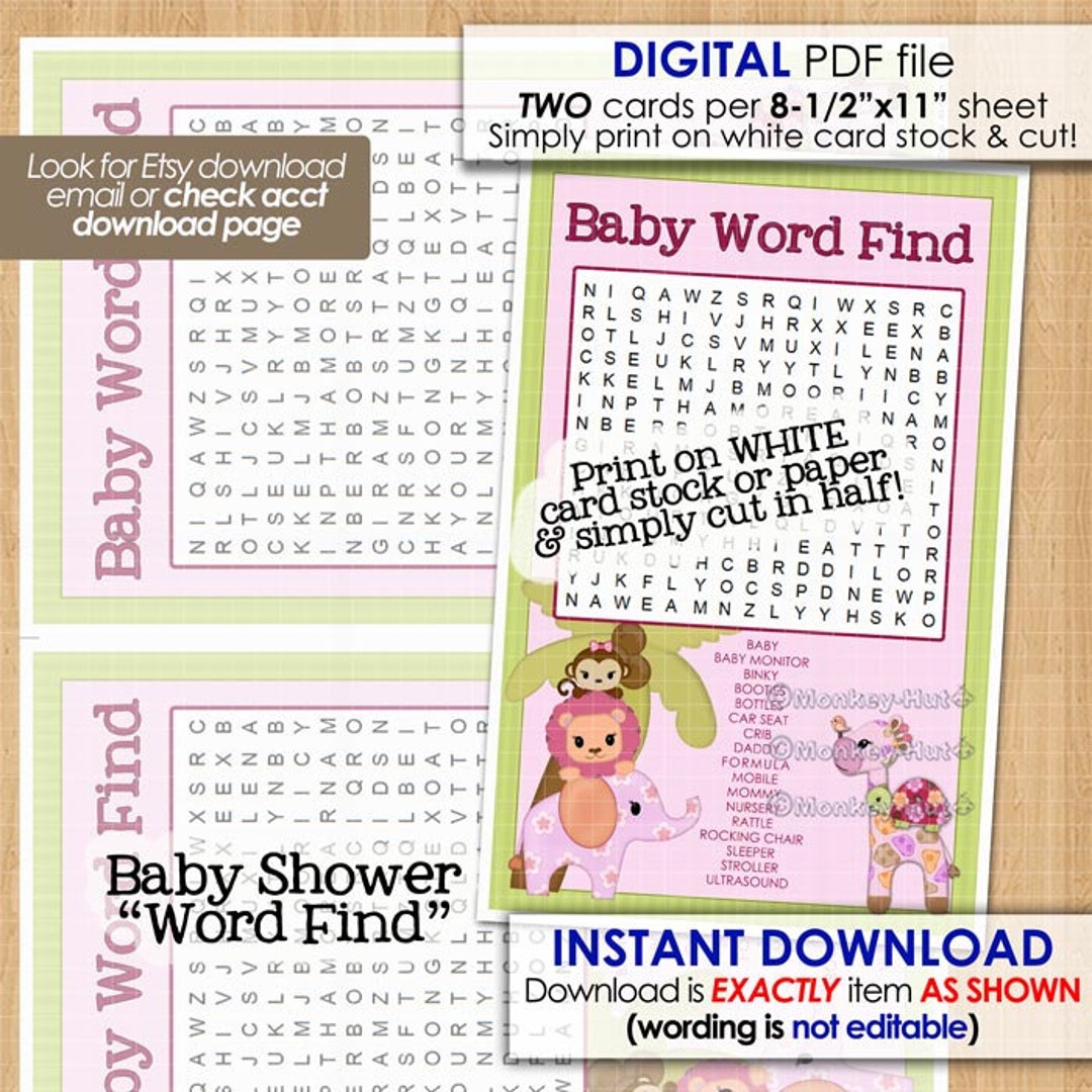 Sweet Safari Animal Baby Shower Game Word Find / Girl Girls Pink Monkey ...