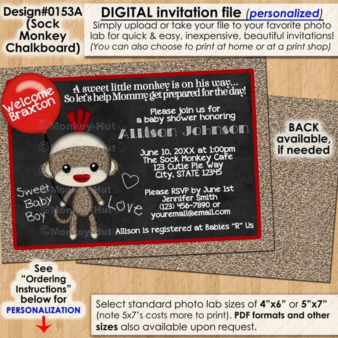 Chalkboard Love Sock Monkey Baby Shower Invitations Monkeys - Etsy