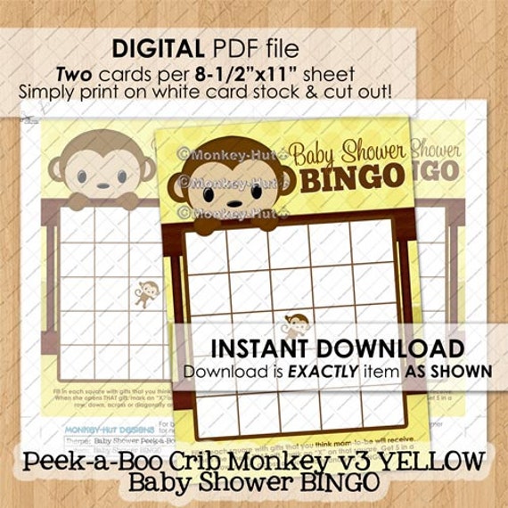 Peek-a-Boo Monkey Baby Shower Bingo Game Printable Card Cards | Etsy