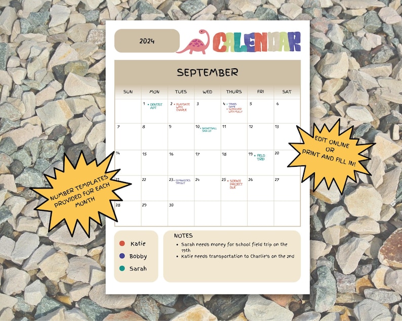 Editable and Printable Dinosaur Kids Chore Chart/calendar/checklist ...