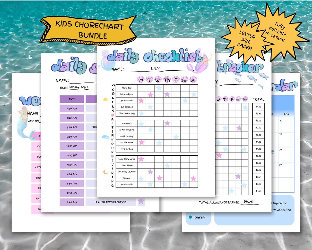 Editable and Printable Mermaid Kids Chore Chart/calendar/checklist ...
