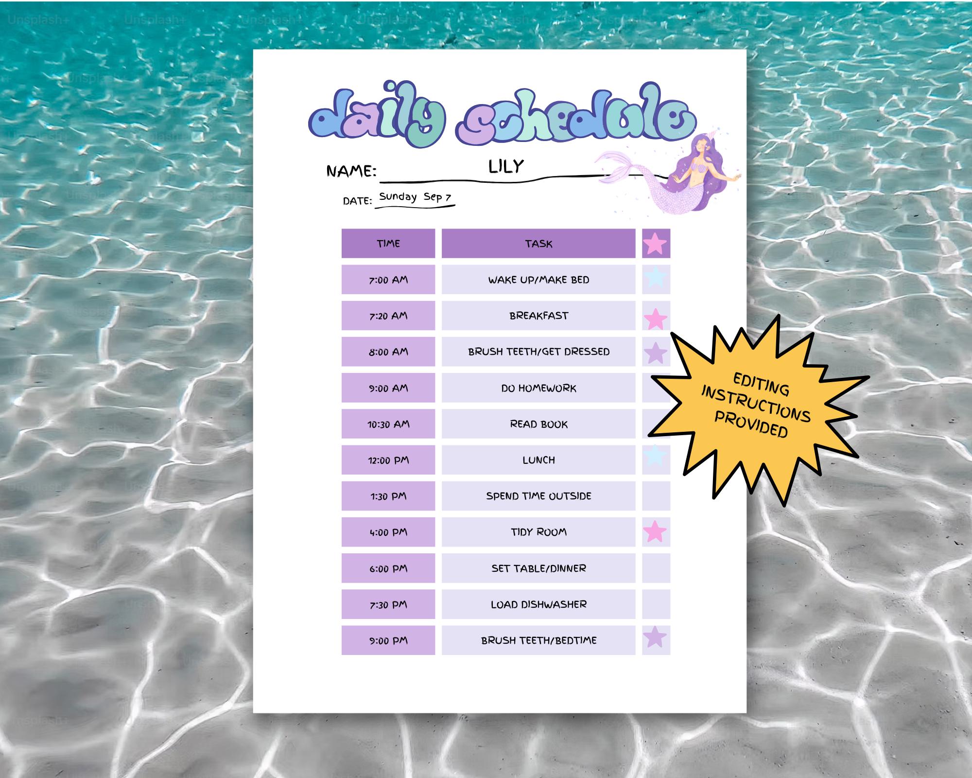 Editable and Printable Mermaid Kids Chore Chart/calendar/checklist ...