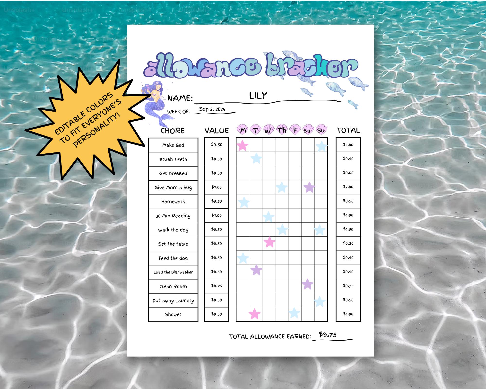 Editable and Printable Mermaid Kids Chore Chart/calendar/checklist ...