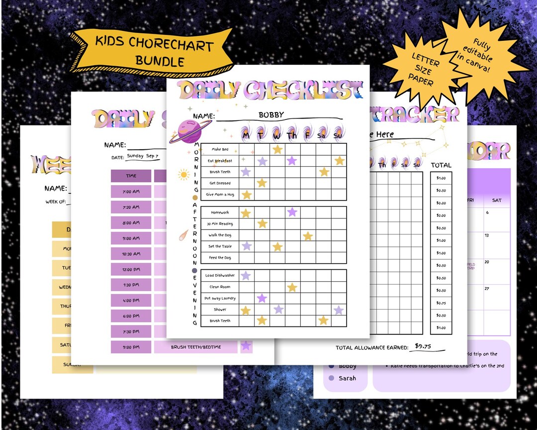 Editable and Printable Outer Space Kids Chore Chart/calendar/checklist ...