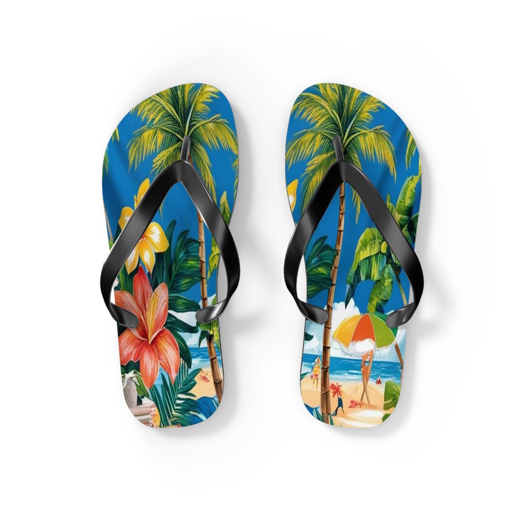 Flip Flops Tropical Beach Palm Tree Design Floral Ocean Print for Women ...