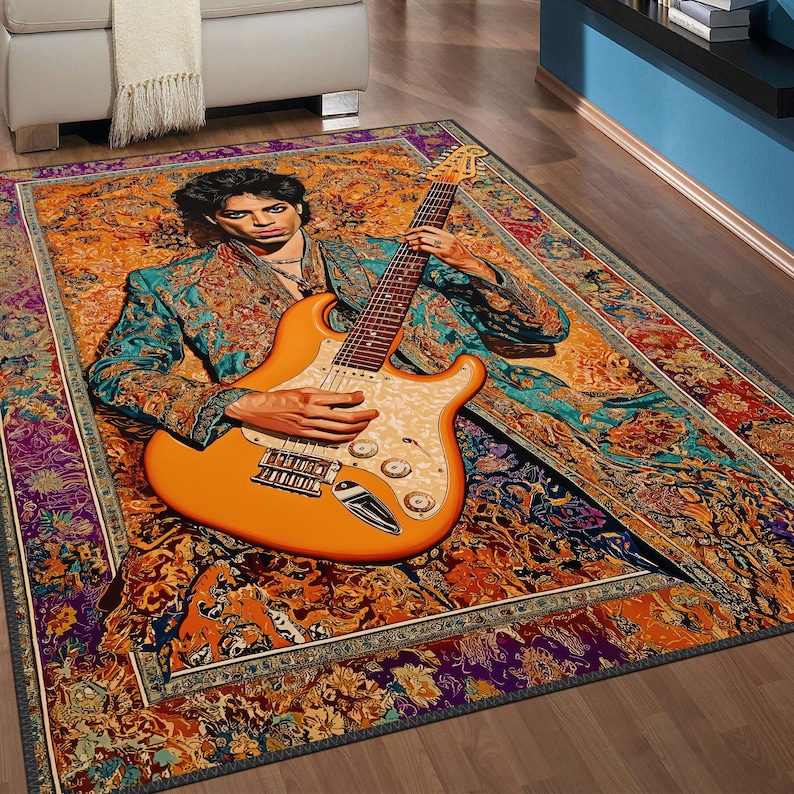 Artistic Rug With Guitar and Music Icon Design, Prince Rogers Nelson ...