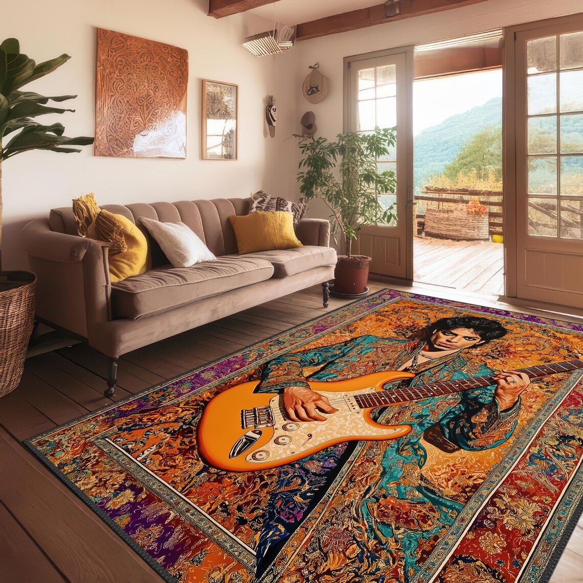 Artistic Rug With Guitar and Music Icon Design, Prince Rogers Nelson ...
