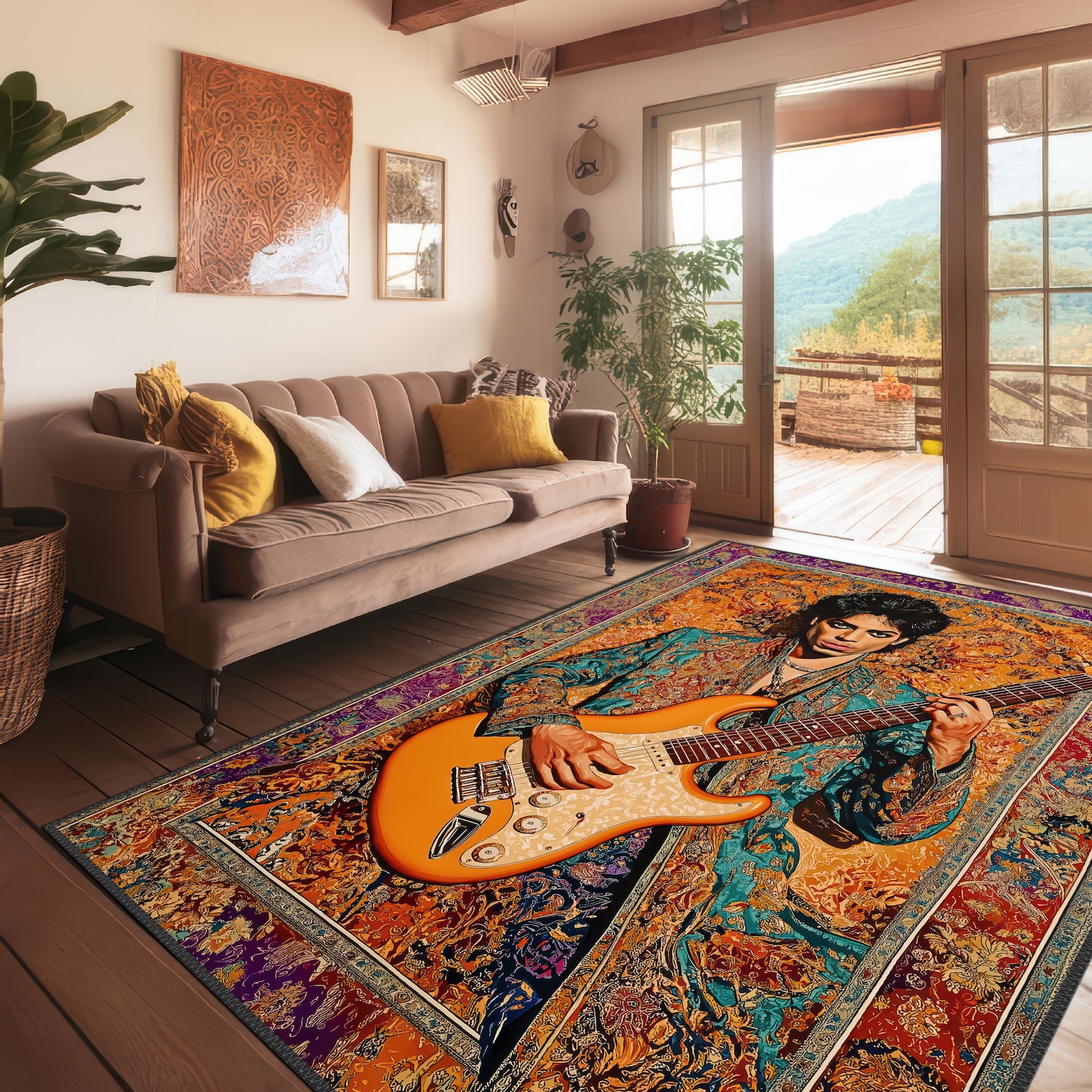 Artistic Rug With Guitar and Music Icon Design, Prince Rogers Nelson ...