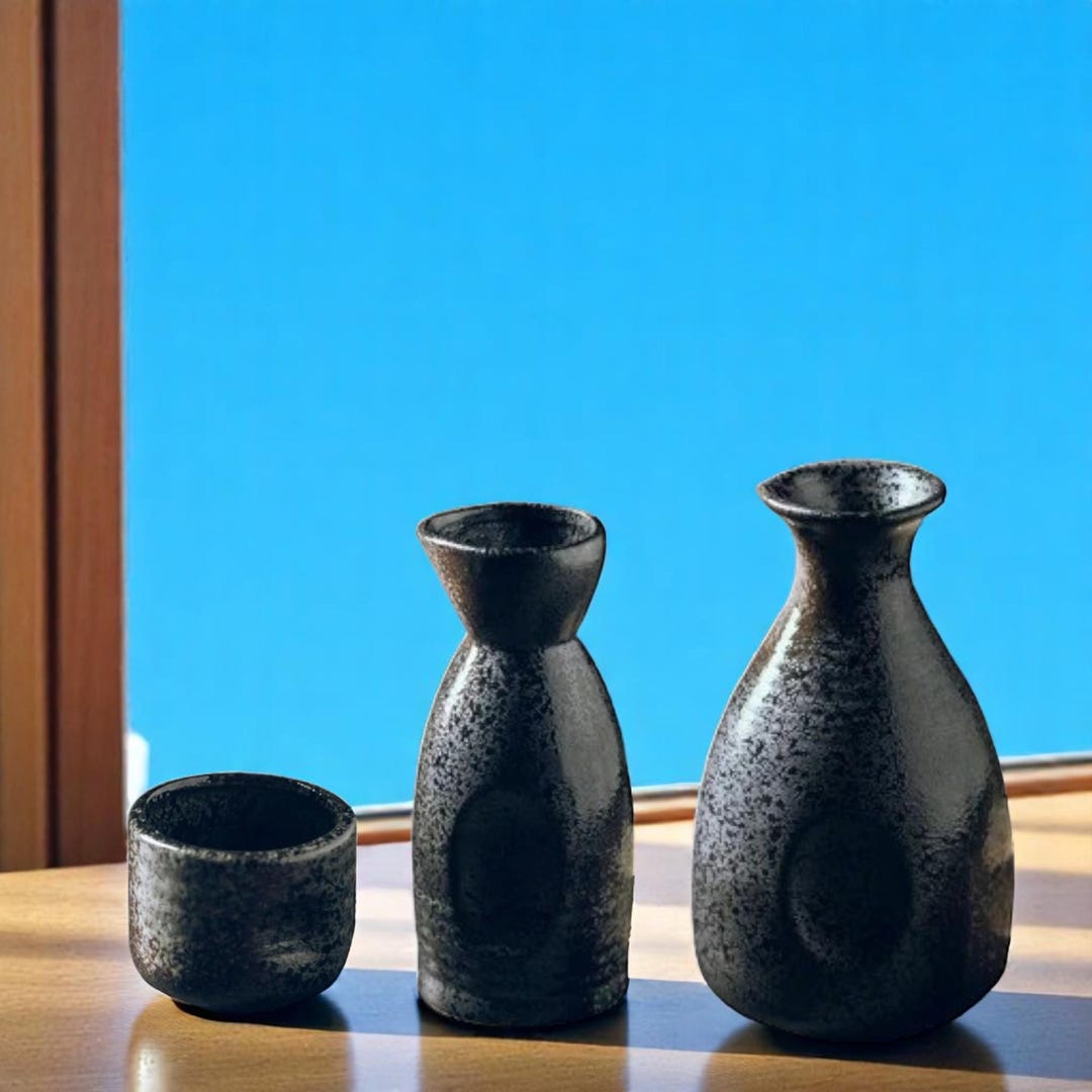 Black Japanese Ceramic Sake Set With Bottle & Cups | Retro Asian Style ...