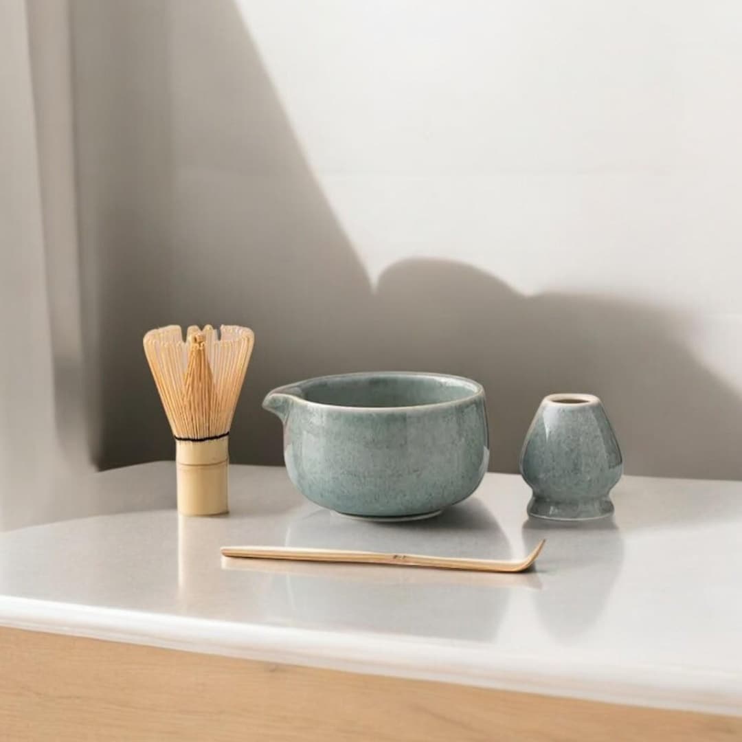 Blue Ceramic Matcha Bowl Set With Bamboo Whisk & Chasen Holder - Unique ...
