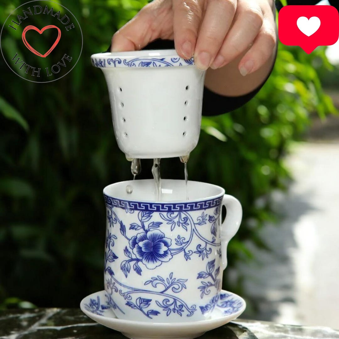 Handcrafted Ceramic Tea Mug With Lid & Strainer – Unique Floral Design ...