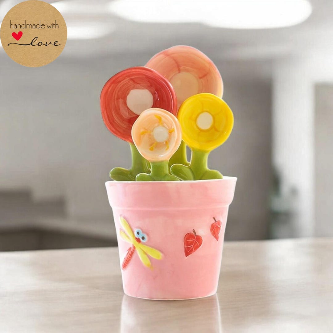 Ceramic Flower Pot Measuring Spoon Set | 4-piece Floral Kitchen Decor ...