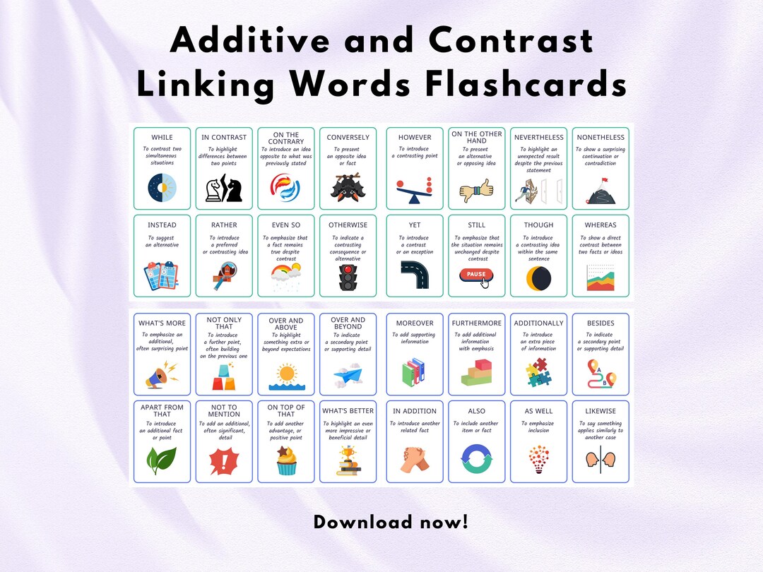 Additive and Contrast Linking Word Flashcards, Additive and Contrast ...