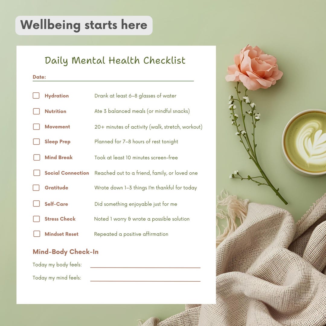 Daily Mental Health Checklist: Printable Wellness Tracker (PDF) - Etsy