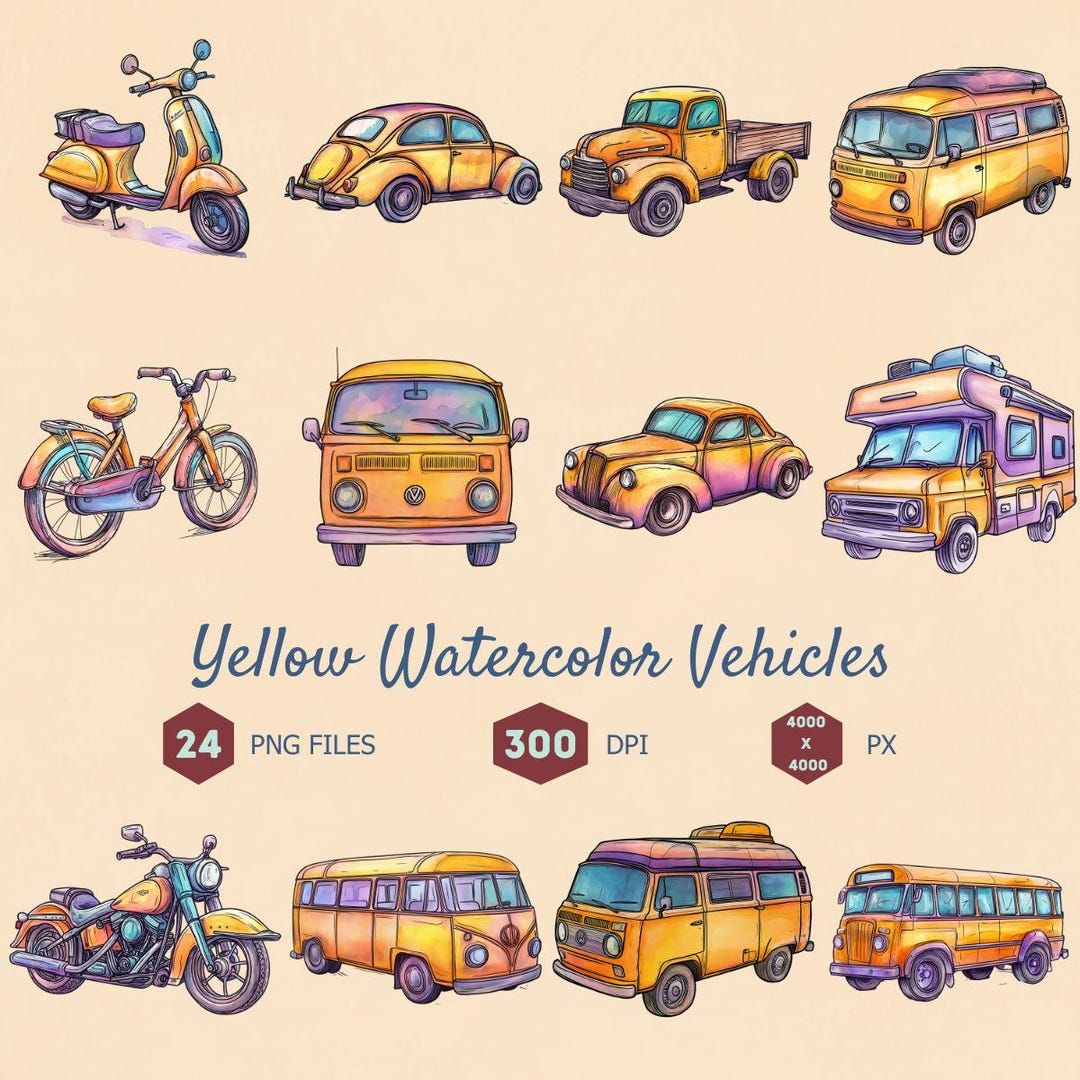 Yellow Watercolor Vehicles, PNG Clipart Bundle With Transparent ...