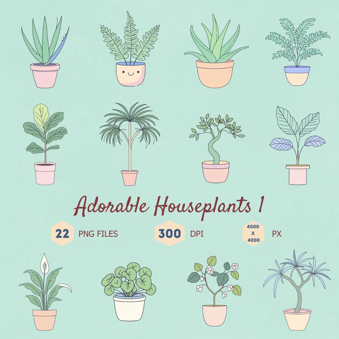 Adorable Houseplants Clip Art Bundle, Cute Plant Illustrations, 22 PNG ...