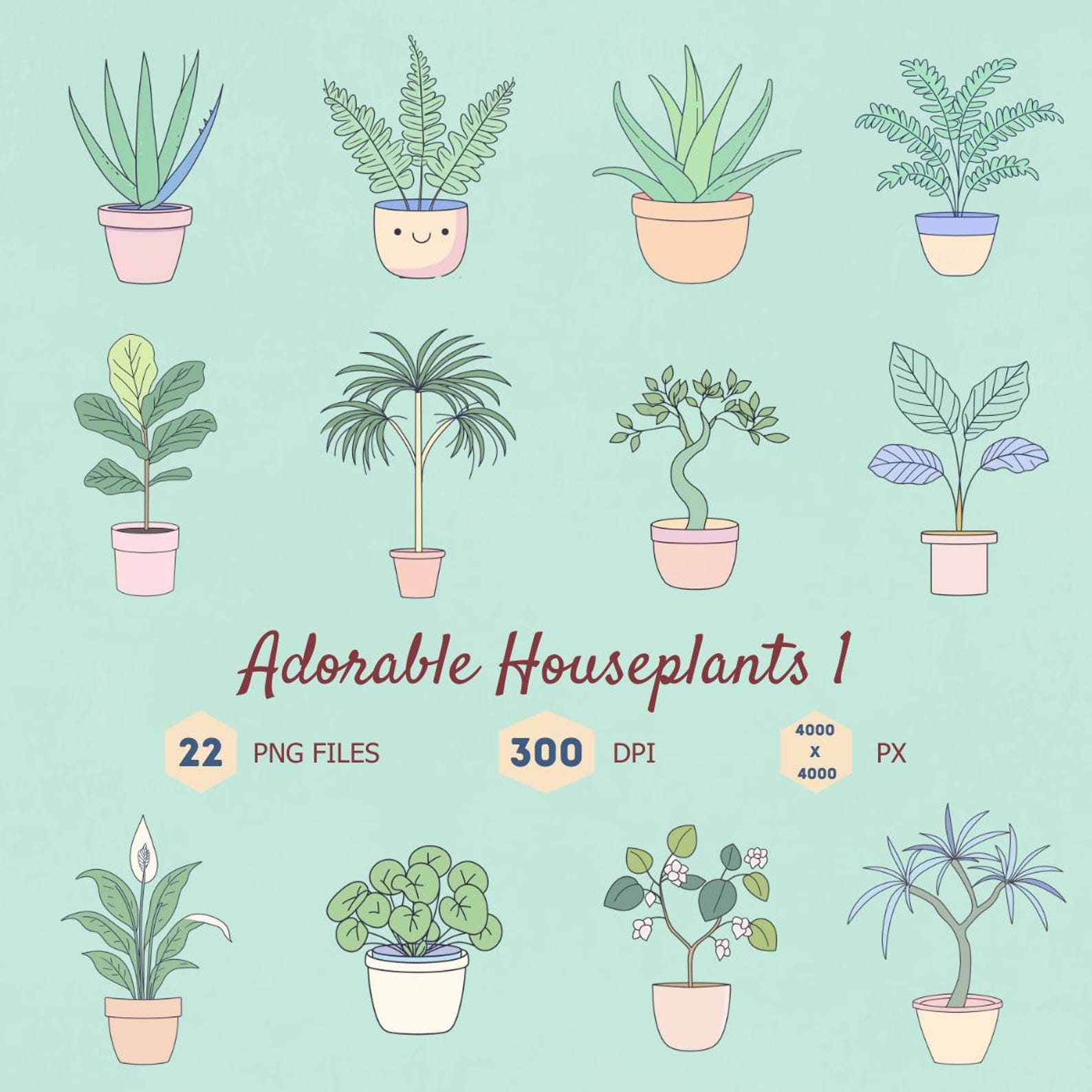 Adorable Houseplants Clip Art Bundle, Cute Plant Illustrations, 22 PNG ...