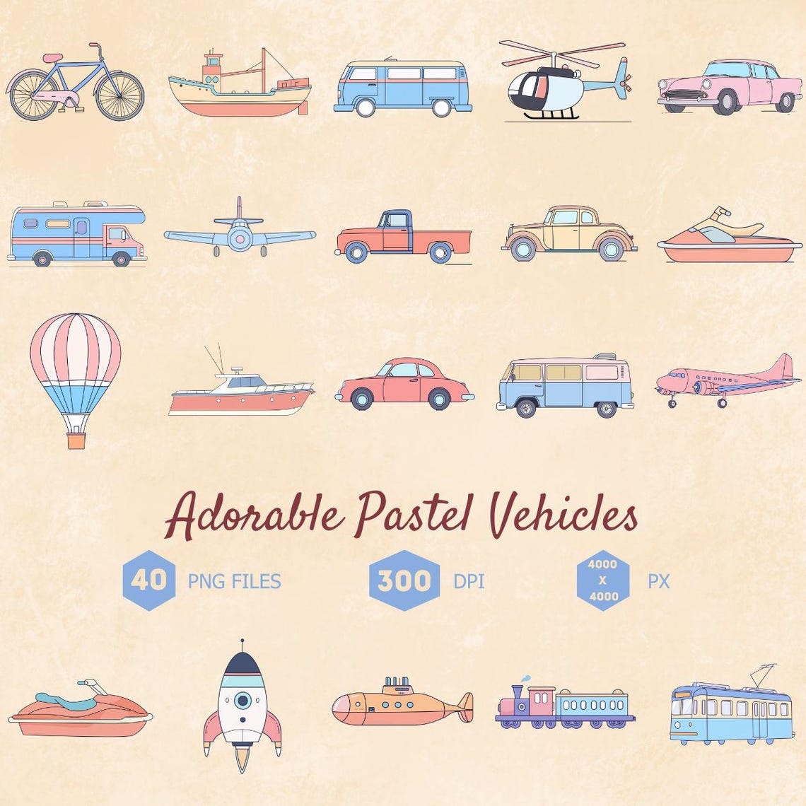 Pastel Vehicle Clipart Bundle, Transparent PNG Files (digital Download ...