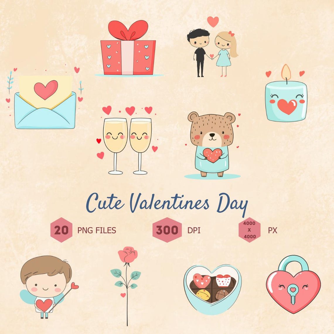 Cute Valentines Day Clipart Bundle, Romantic Digital Download, 20 PNG ...