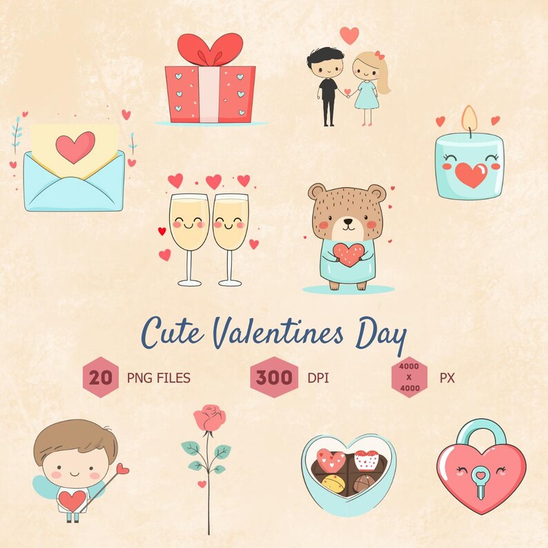 Cute Valentines Day Clipart Bundle, Romantic Digital Download, 20 PNG ...