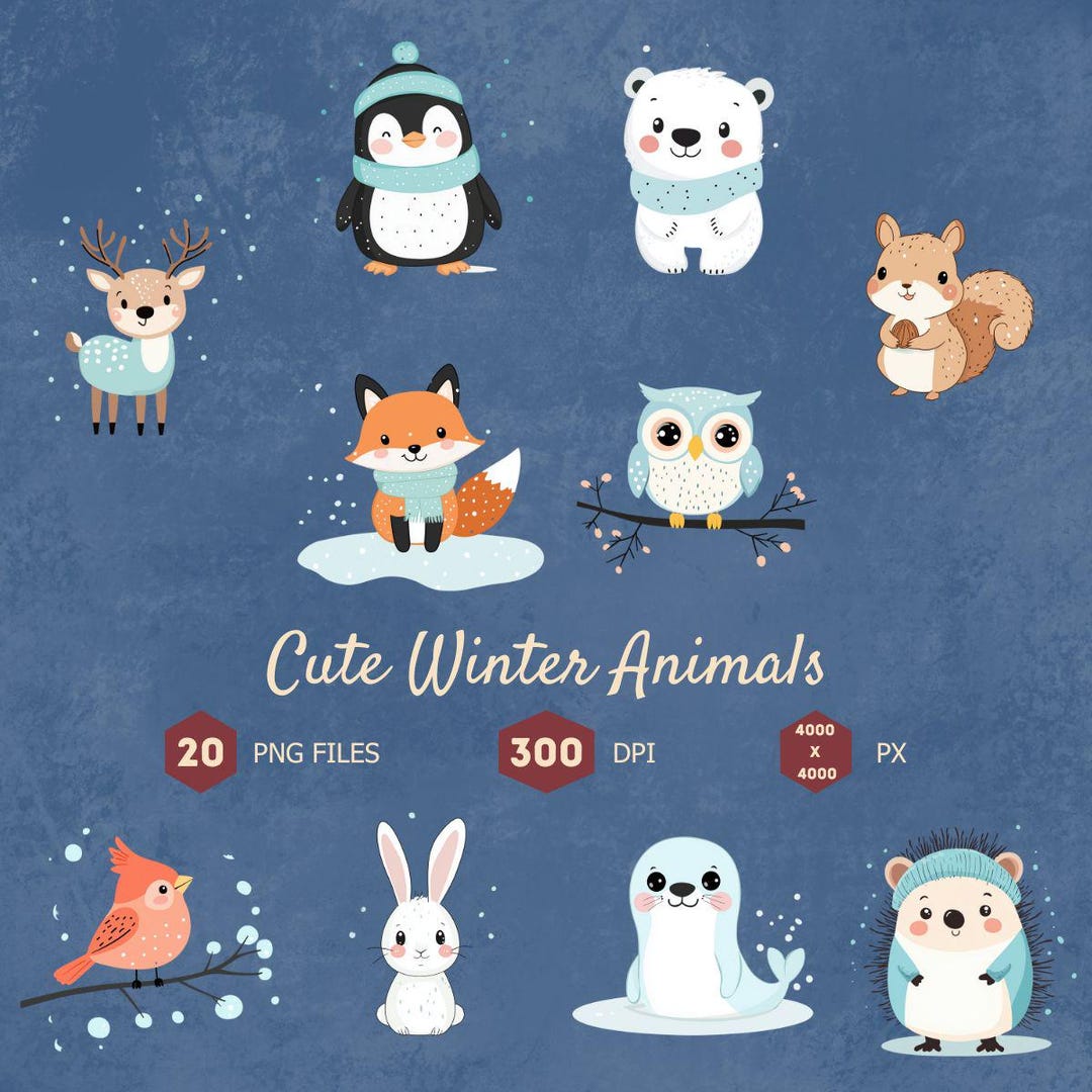 Cute Winter Animals Clipart Bundle, 20 Transparent PNG Files, Holiday ...