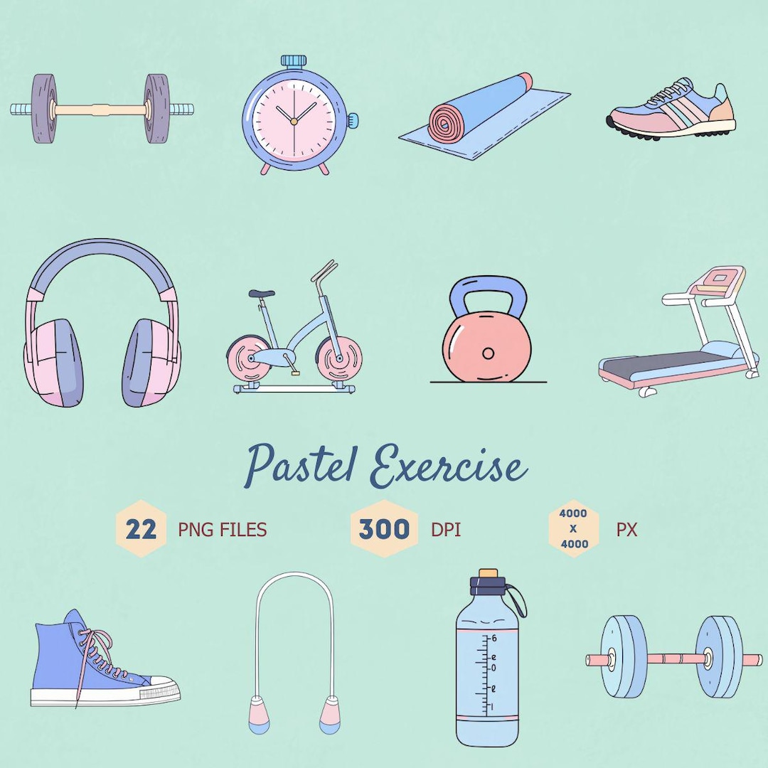 Pastel Exercise Clipart Bundle, Workout Equipment PNG Collection ...
