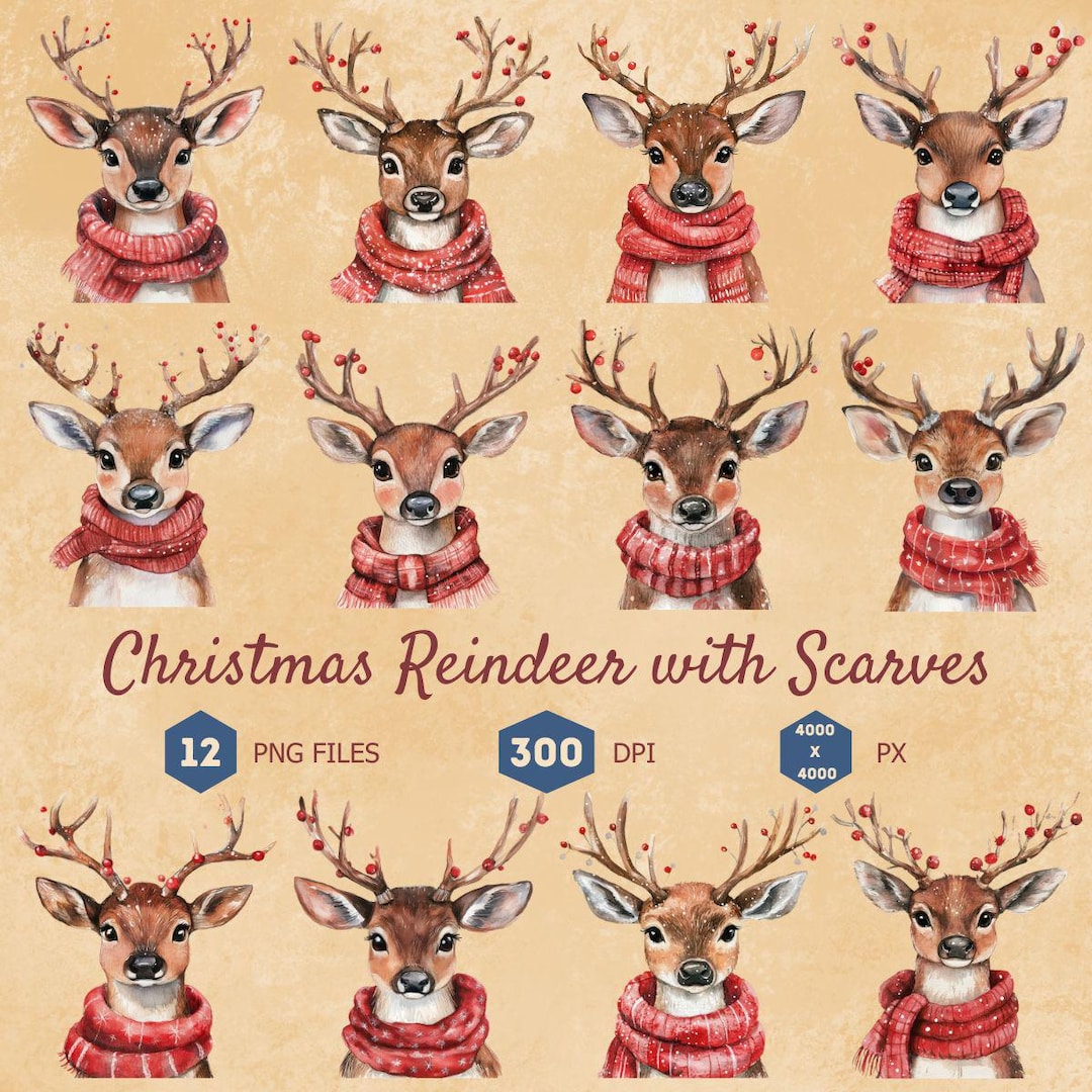 Christmas Reindeer Clipart Bundle, Reindeer With Scarf, Holiday Clipart ...