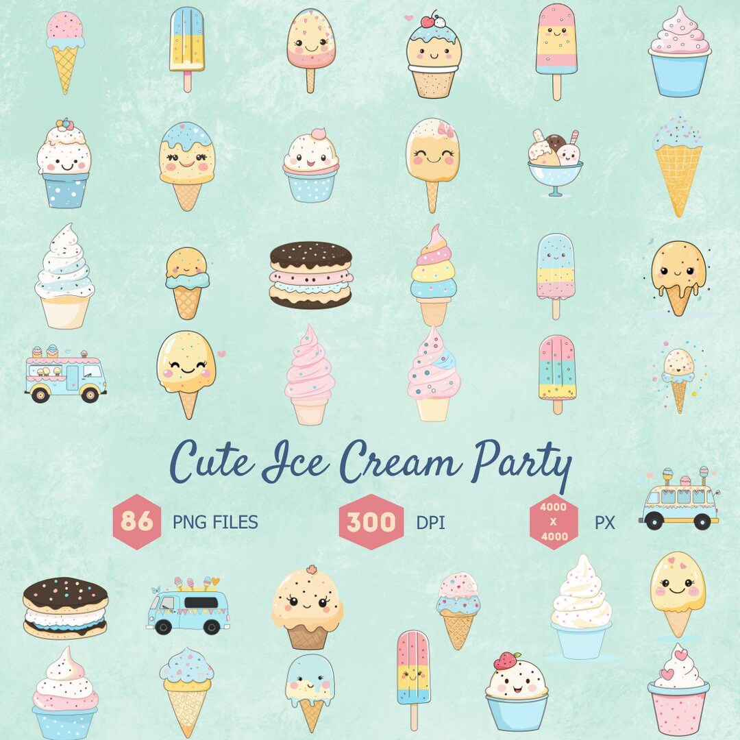 Cute Ice Cream Party Clip Art Bundle, Ice Cream Clip Art, 86 PNG Files ...