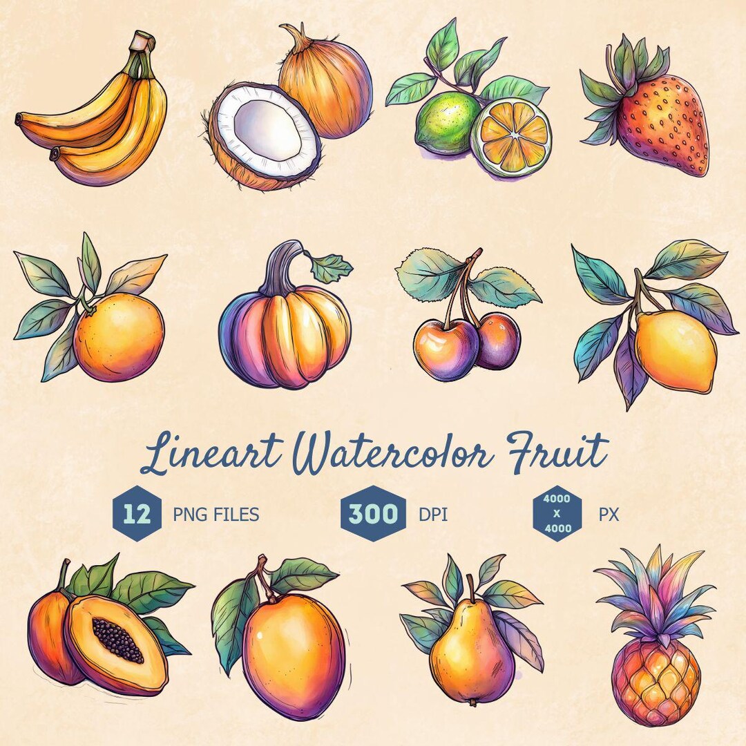 Watercolor Fruit Clipart Bundle, Line Art PNG (digital Download) - Etsy