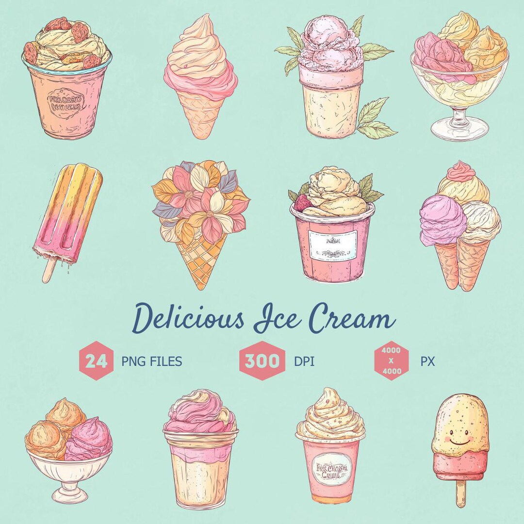Ice Cream Illustrations Clip Art Bundle, PNG Files (digital Download ...