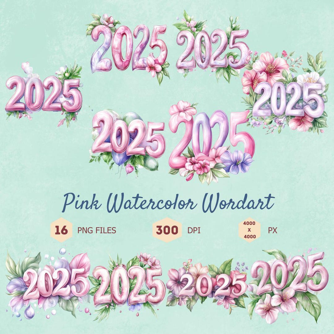 2025 Pink Watercolor Wordart Clipart Bundle, Flower Elements, Floral ...