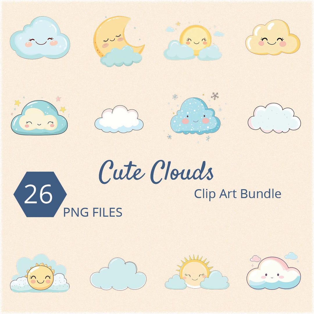 Cute Clouds Clip Art Bundle, Clip Art, 300 Dpi, Transparent PNG ...