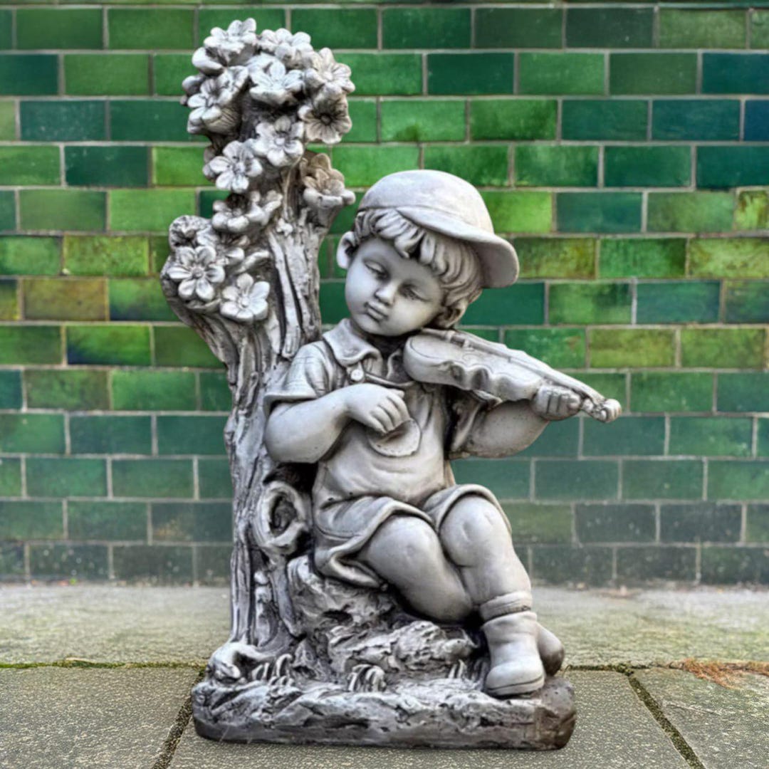 Concrete Boy With Violin Statue Stone Child Figurine on Tree Branch ...