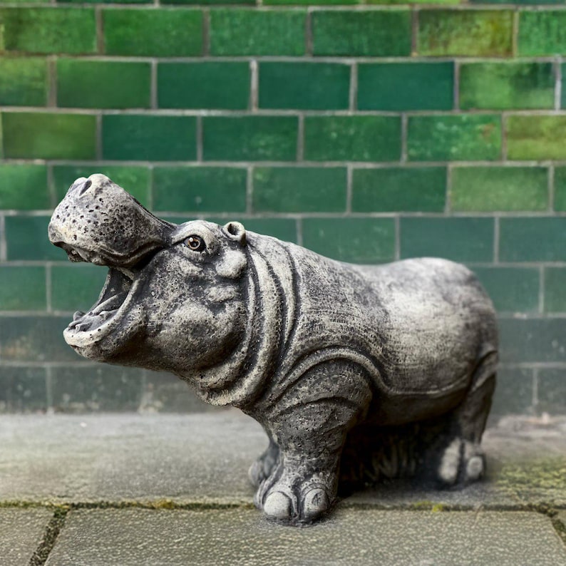 Stone Hippo Figurine Concrete Animal Statue Outdoor Wildlife Ornament ...