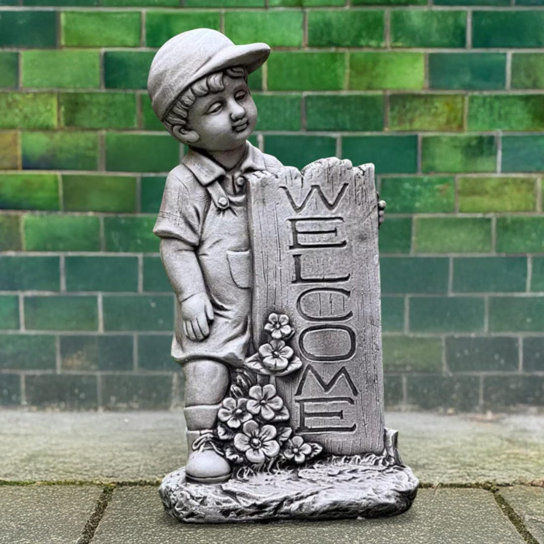 Stone Boy With Welcome Sign Statue Concrete Child Figurine Front Door ...
