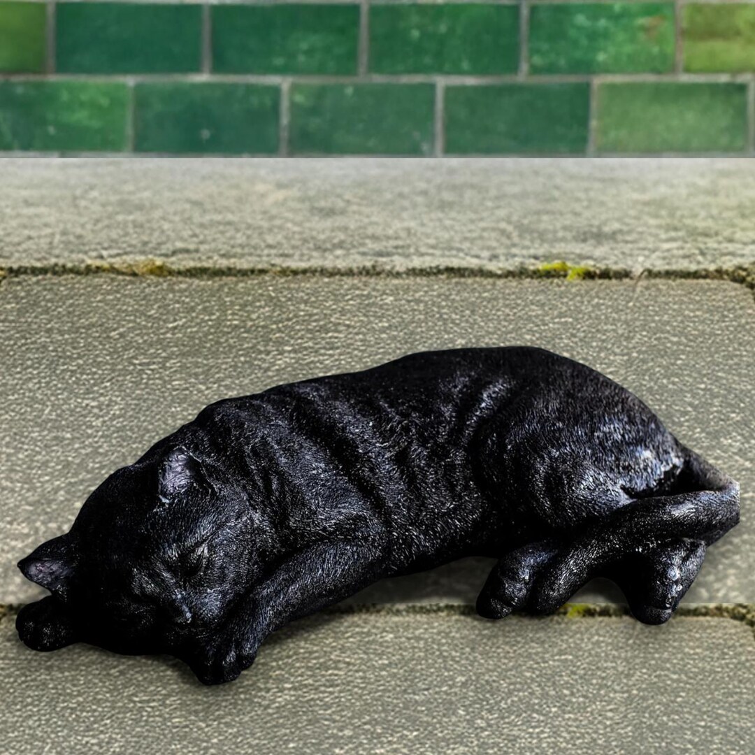Stone Black Cat Sculpture Relaxed Kitty Figurine Handmade Pet Ornament ...