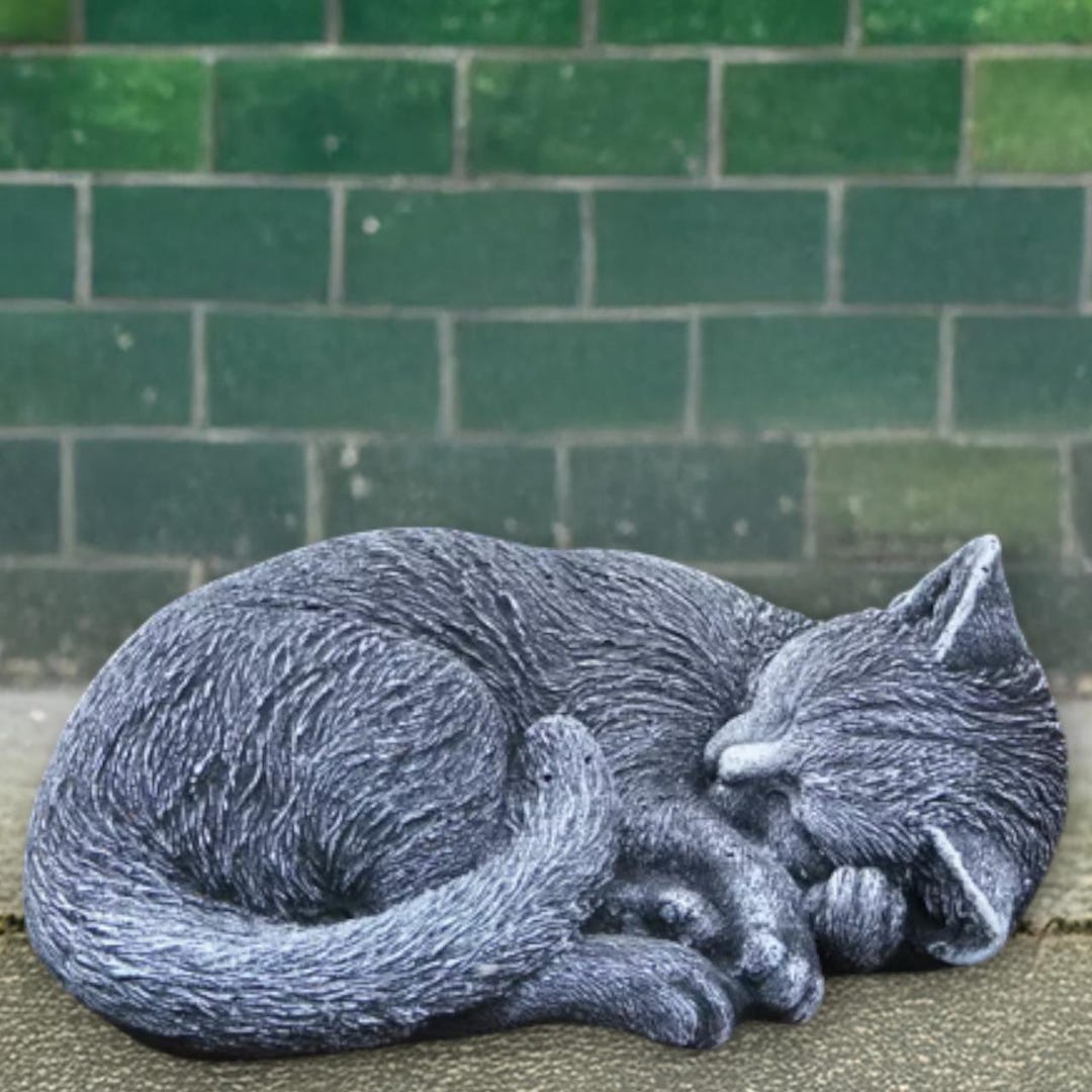 Concrete Curled Kitty Figurine Cement Cat Sculpture Outdoor Garden Pet ...