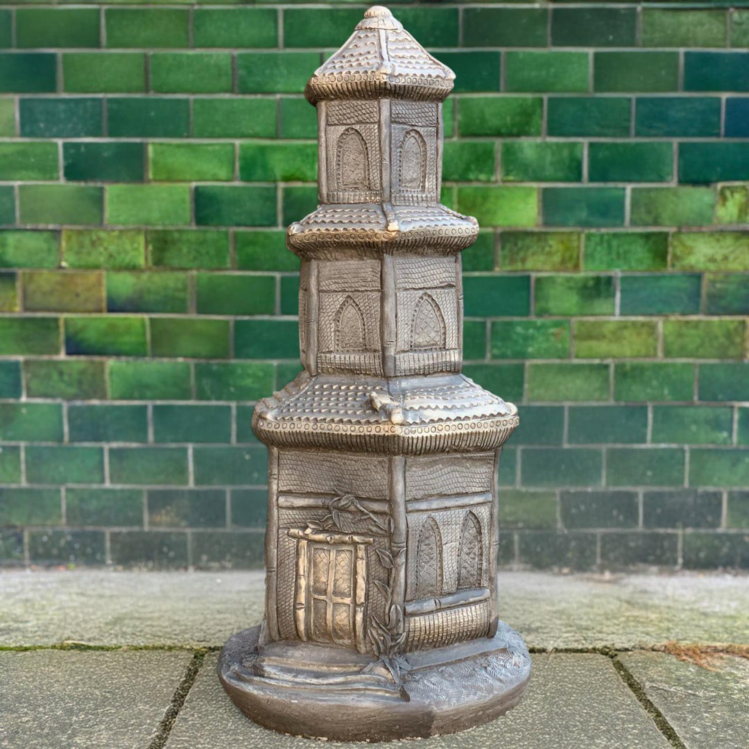 Concrete Three Tier Pagoda Statue Stone Oriental Tower Garden Figurine ...