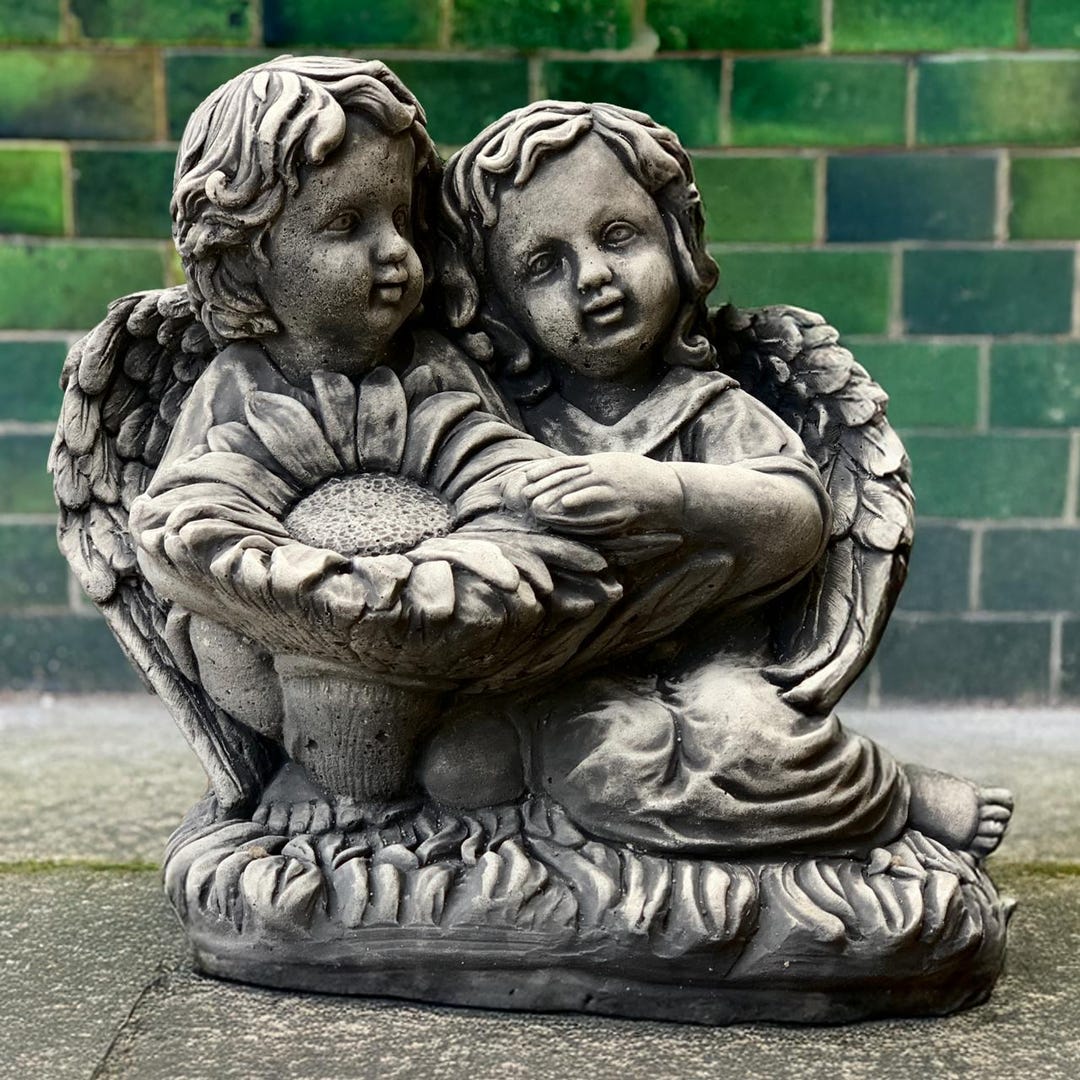 Outdoor Angel Couple Statue Stone Garden Angels With Flower Romantic ...