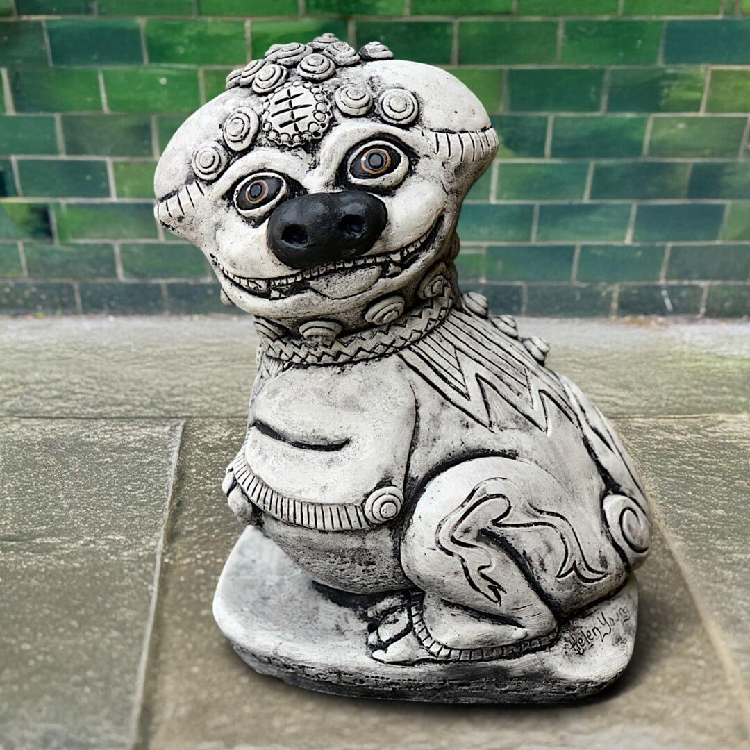 Stone Foo Dog Statue Oriental Guardian Lion Concrete Chinese Dog Feng ...