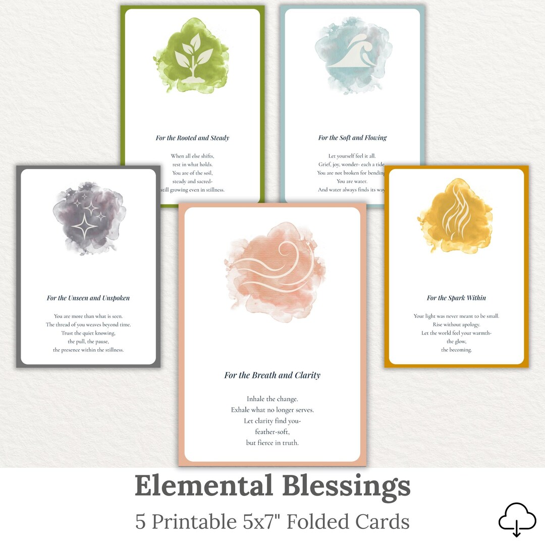 5 Elemental Blessing Cards, Printable Foldable 5x7 Cards, Affirmation ...