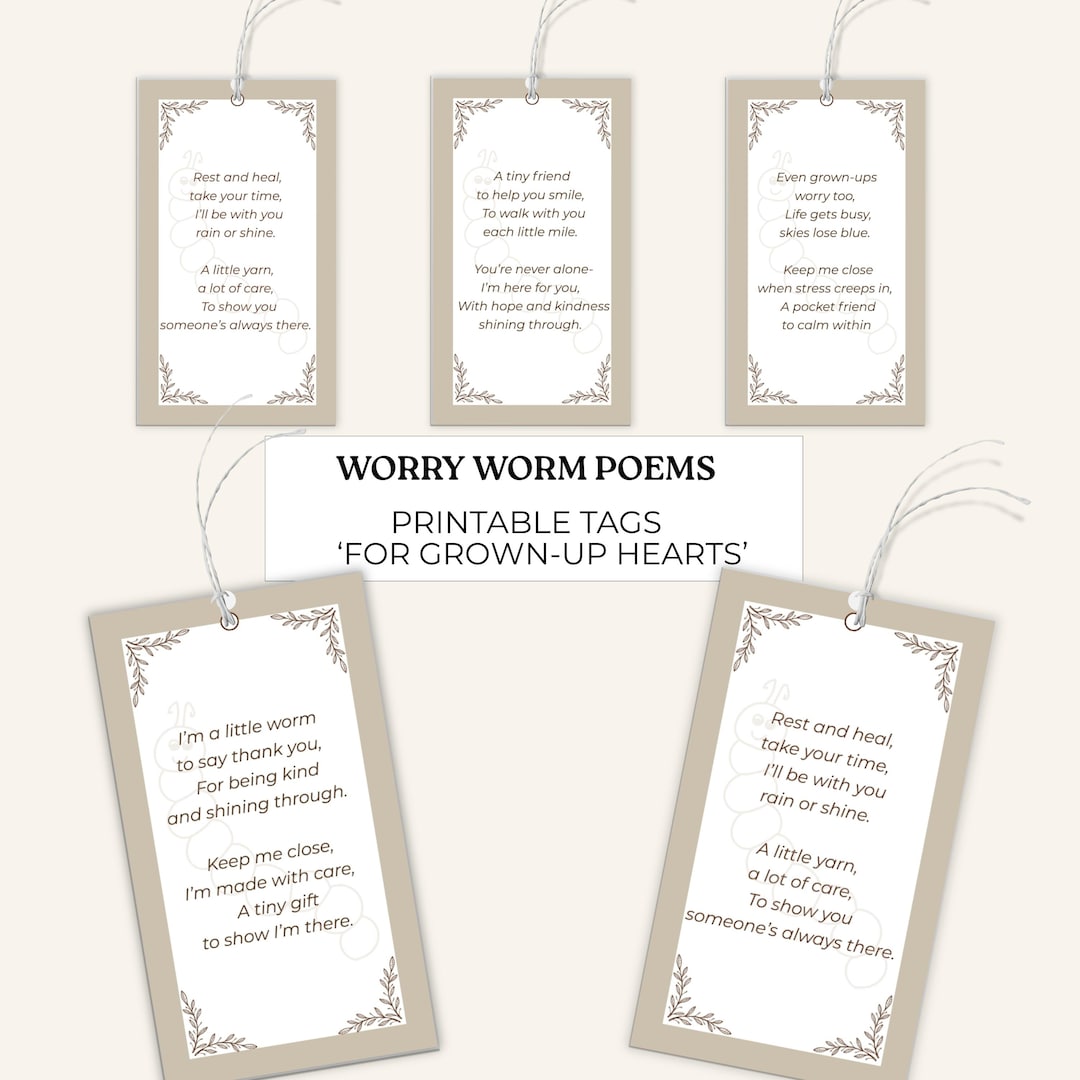 Worry Worm Poem Tags for Adults, Printable Pocket Hug Notes for Anxiety ...
