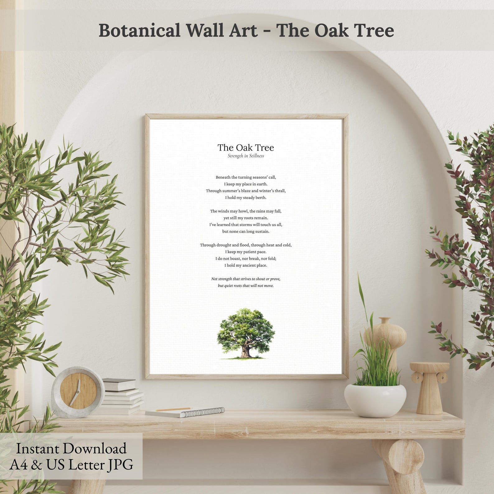 Oak Tree Art Print, Inspirational Poem, Botanical Wall Decor (digital ...